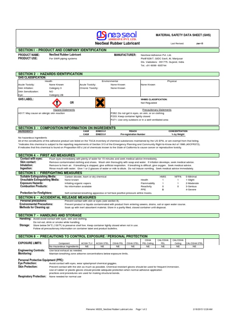 MSDS NeoSeal Rubber Lubricant | PDF