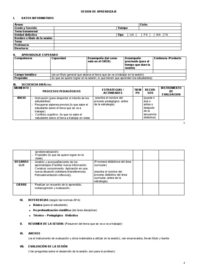Formato Sesion de Aprendizaje Primaria | PDF | Evaluación | Aprendizaje