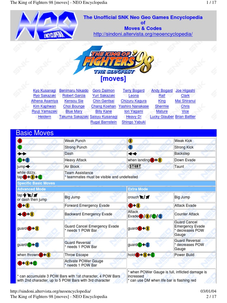 King of Fighters 98 Moves | PDF