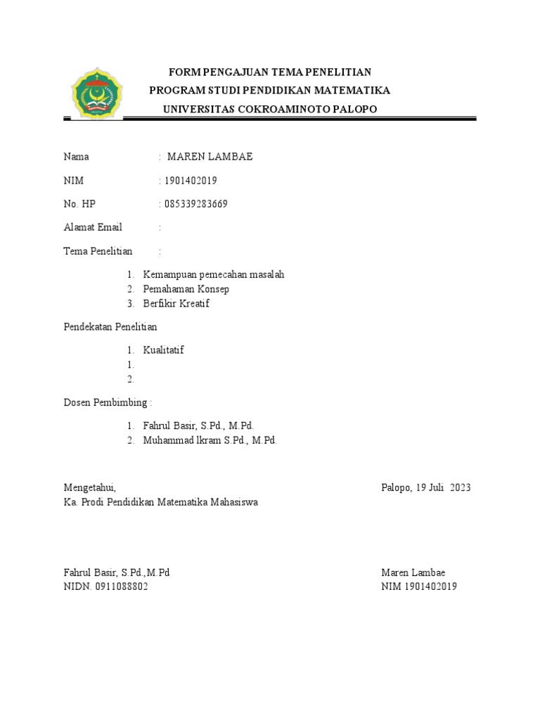 FORM PENGAJUAN TEMA PENELITIAN | PDF