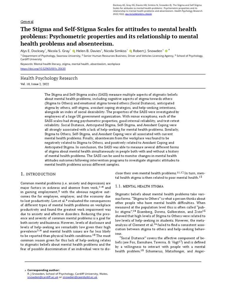 The Stigma and Self Stigma Scales For Attitudes To Mental Health ...