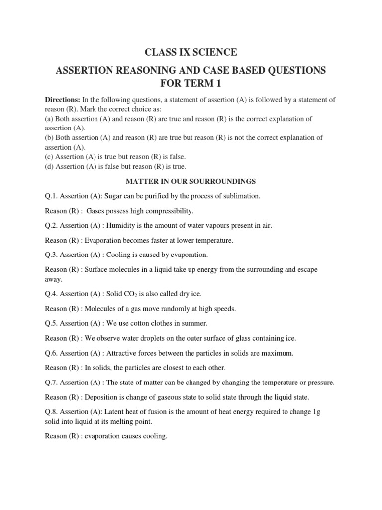 Assertion Reasoning and Case Based Questions For Class 9 | PDF | Tissue (Biology) | Solubility