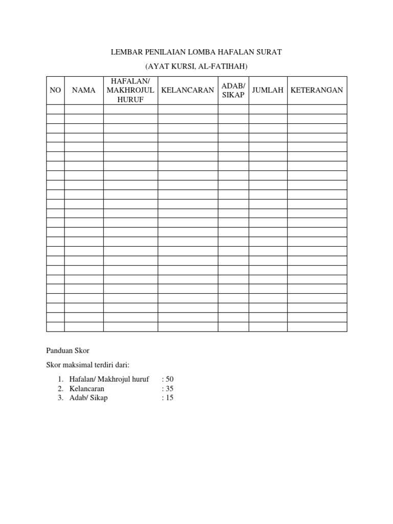 Lembar Penilaian Lomba Pesantren Ramadhan | PDF