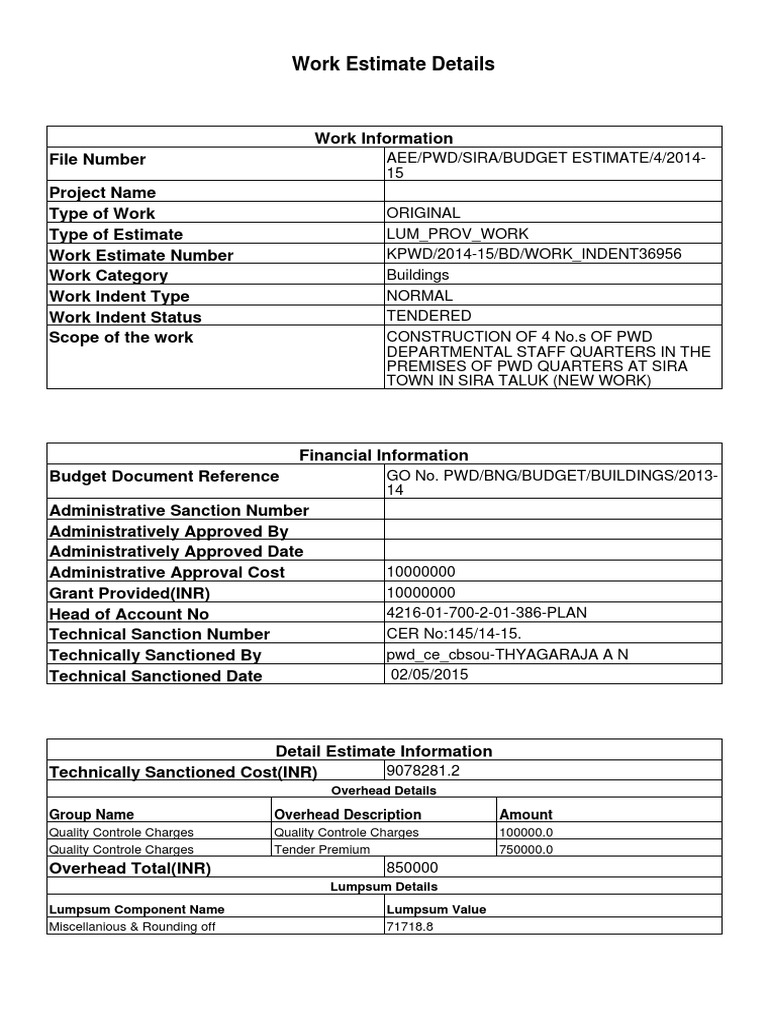 Work Estimate Details: Group Name Overhead Description Amount | PDF