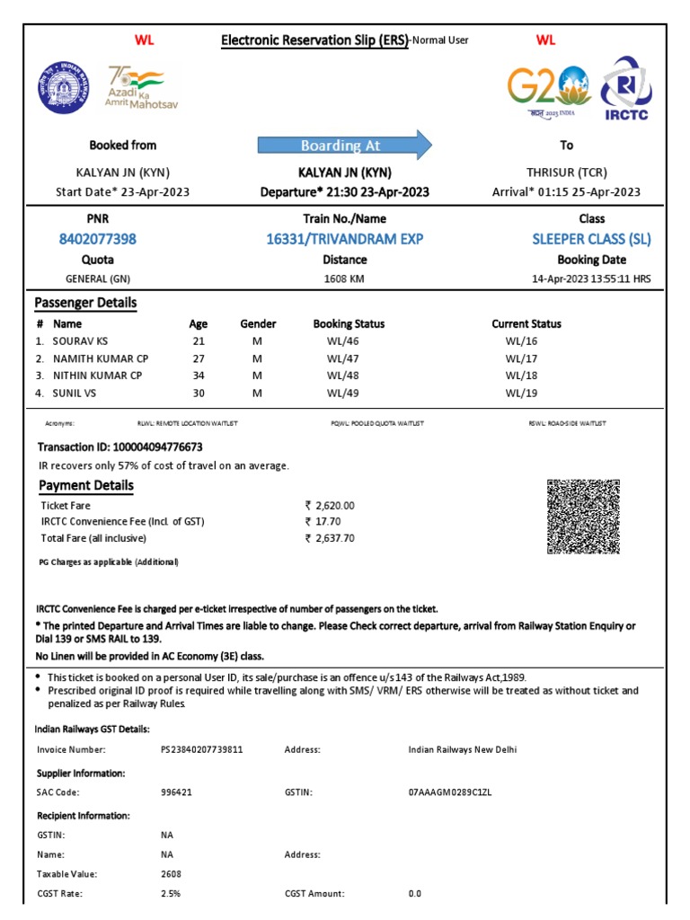 16331/trivandram Exp Sleeper Class (SL) : WL WL | PDF