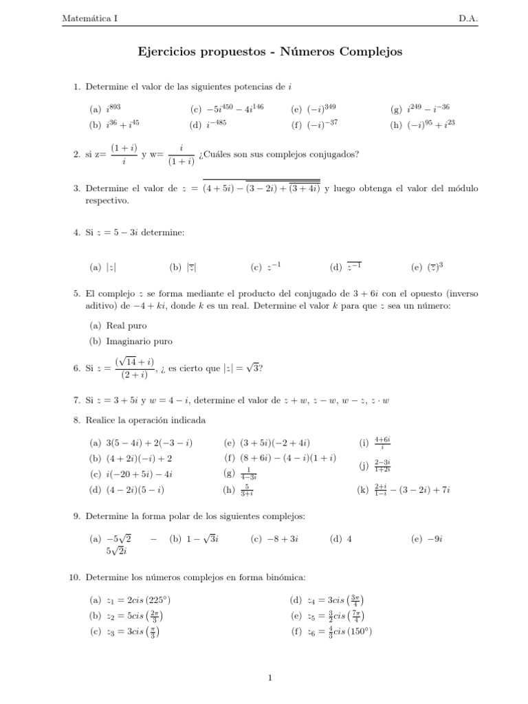 Ejercicios de Números Complejos | PDF | Aritmética | Matemáticas