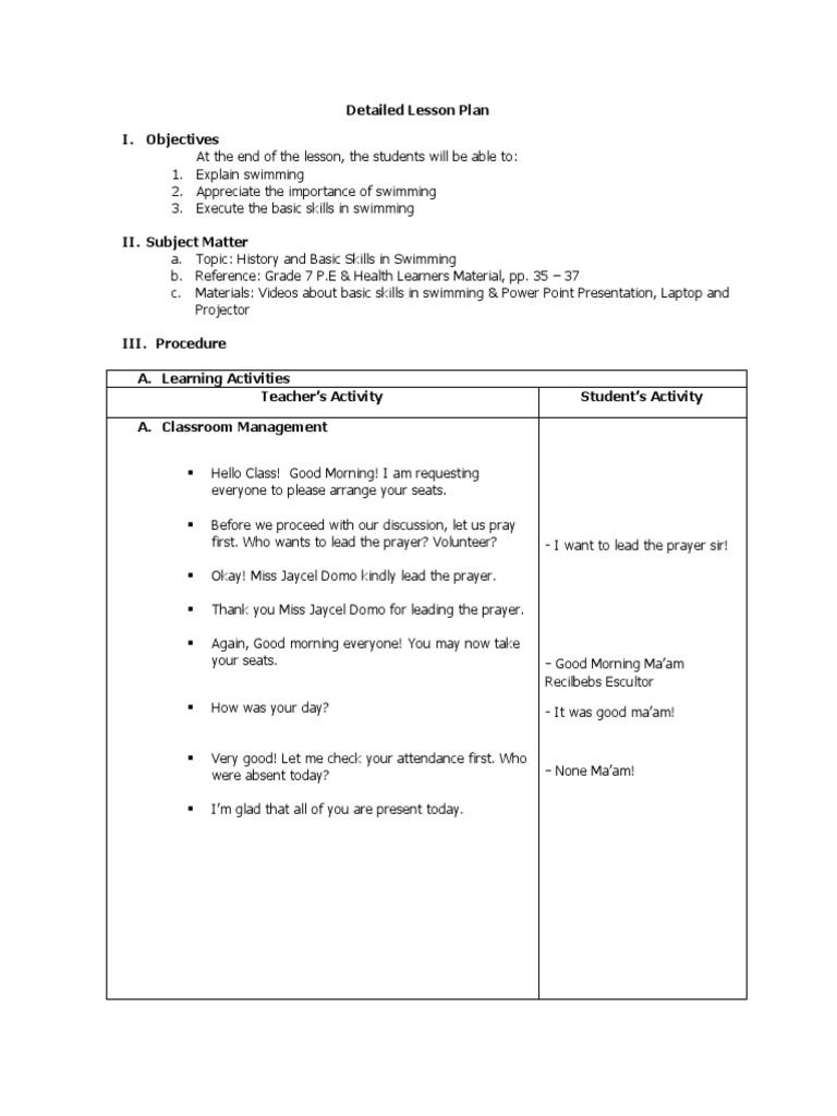 Detailed Lesson Plan History and Basic Skills in Swimming 4 | PDF ...