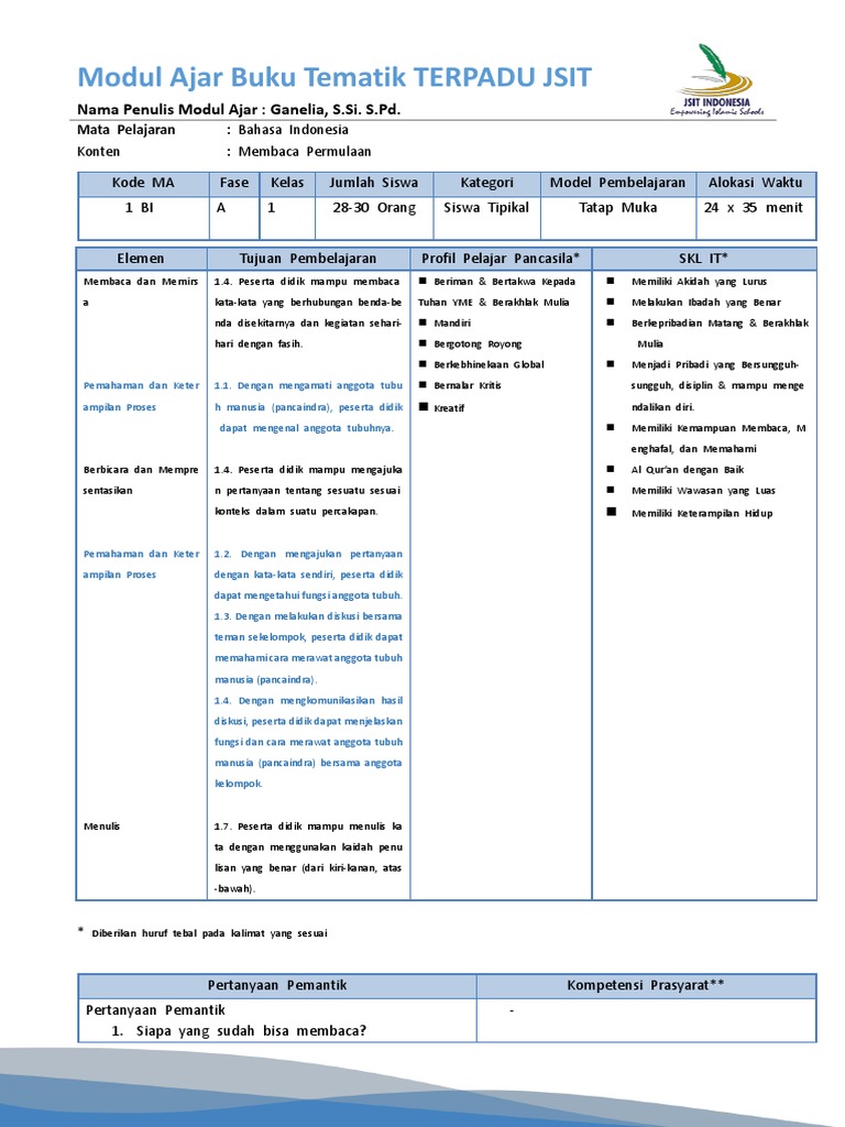 Modul Ajar Bindo Membaca Permulaan | PDF