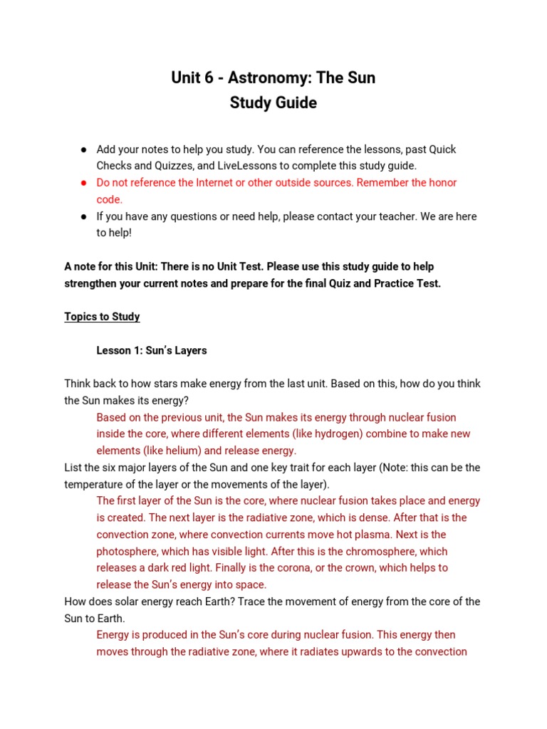 Unit 6 - Astronomy The Sun - Study Guide With Guided Notes | PDF