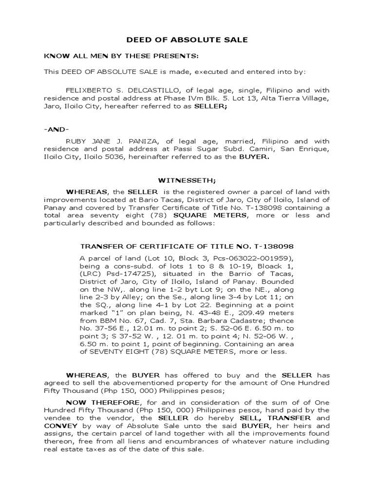 Deed of Absolute Sale Final | PDF