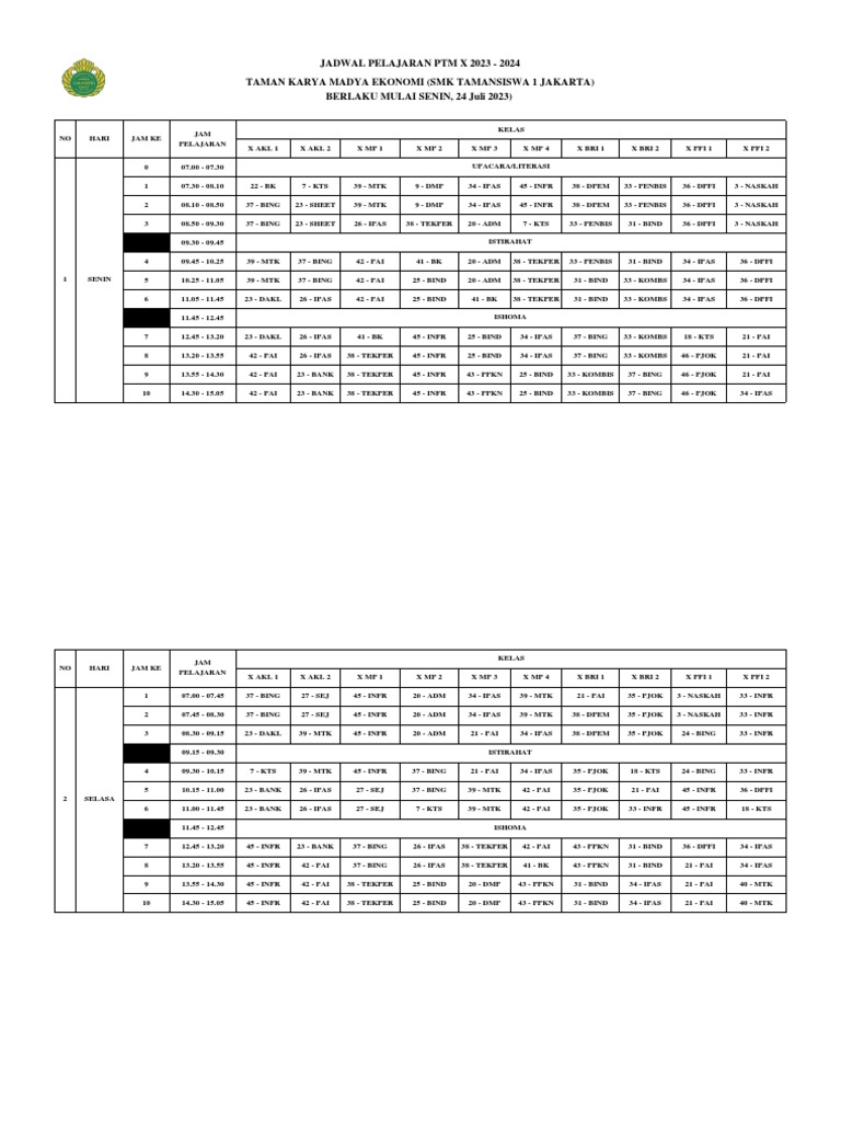Jadwal KBM Kelas X 2023 - 2024 | PDF