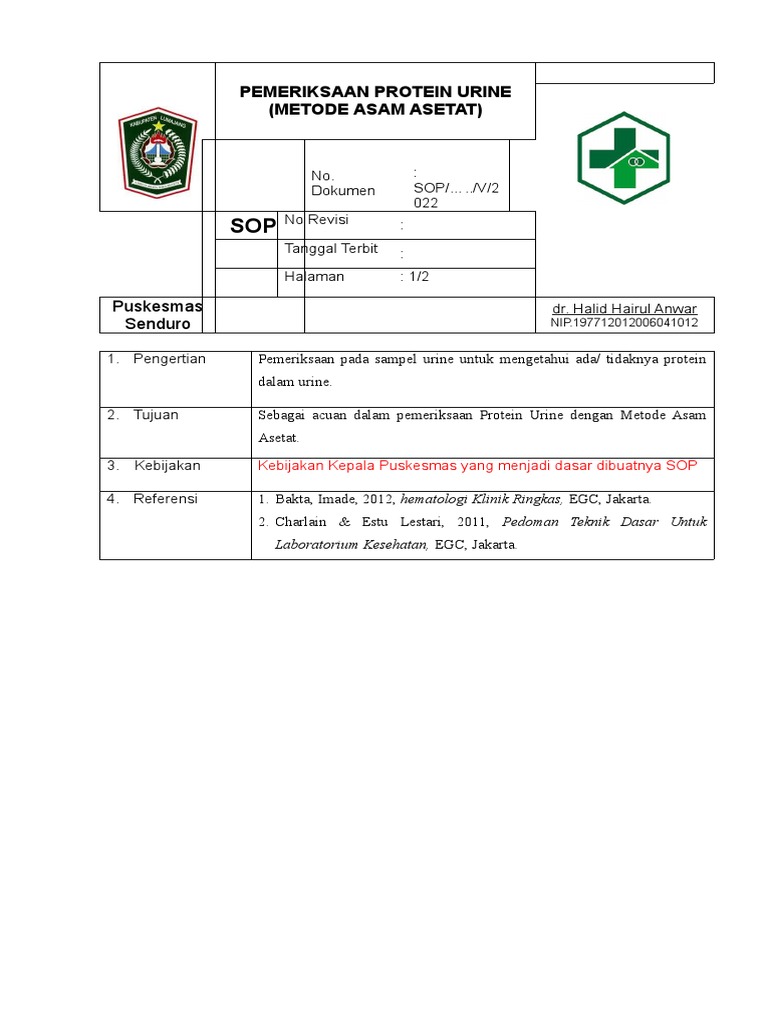 SOP - Pemeriksaan Protein Urine (Metode Asam Asetat) | PDF