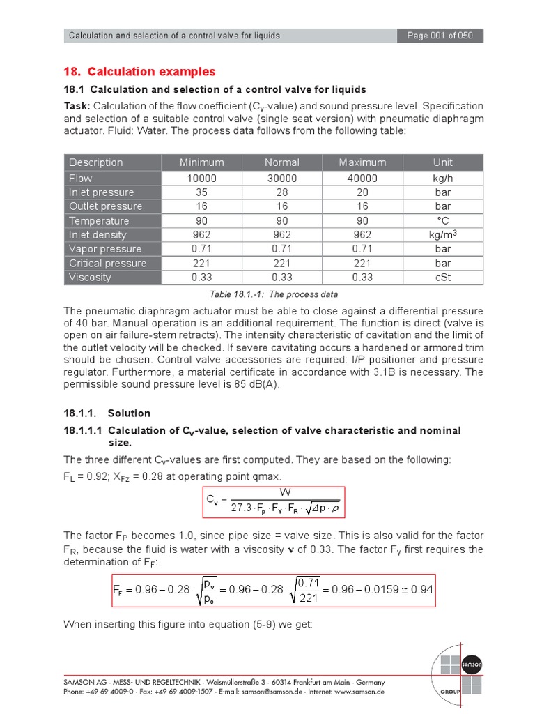 Calculation and Selection of A Control Valve For Liquids & Stem | PDF