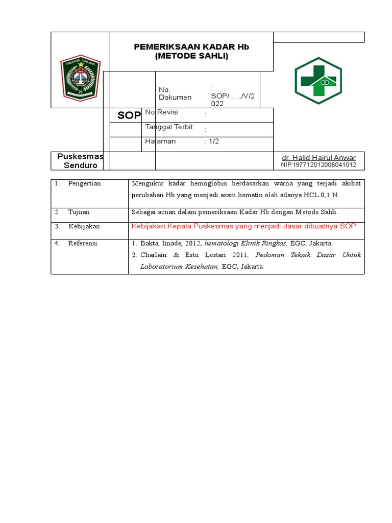 13. SOP - Pemeriksaan Kadar Hb (Metode Sahli) | PDF