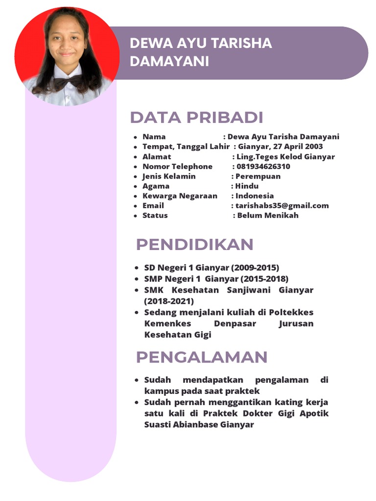 CV Lamaran Pekerjaan Dewa Ayu Tarisha Damayani | PDF | Kesehatan Holistik