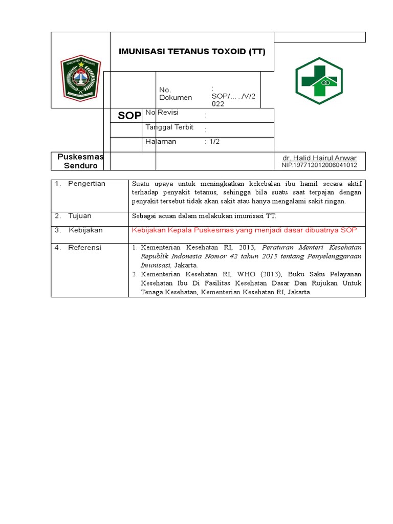 SOP - Imunisasi Tetanus Toxoid (TT) | PDF