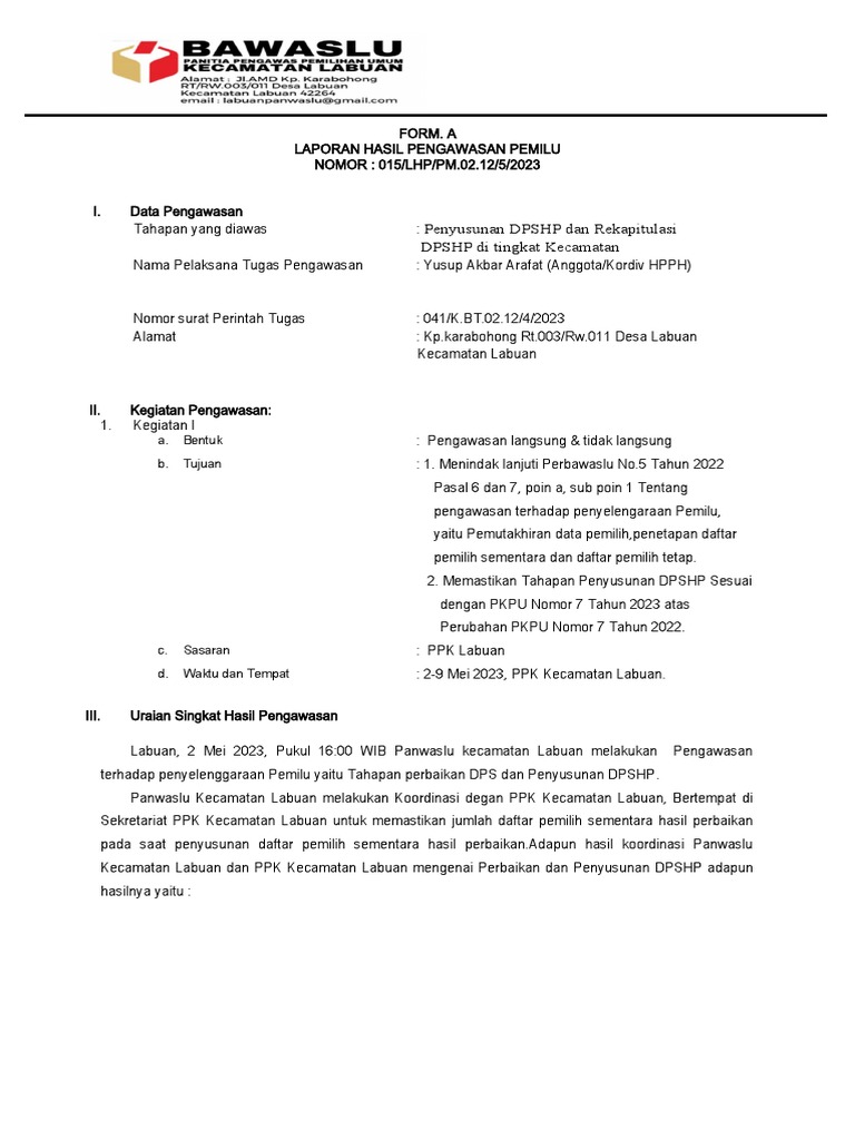 FORM.A PLENO DPSHP TINGKAT KECAMATAN MEI 2023 | PDF
