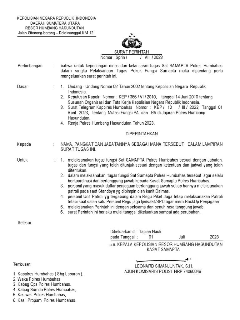 Surat Perintah Tugas Sat SAMAPTA 2023 | PDF