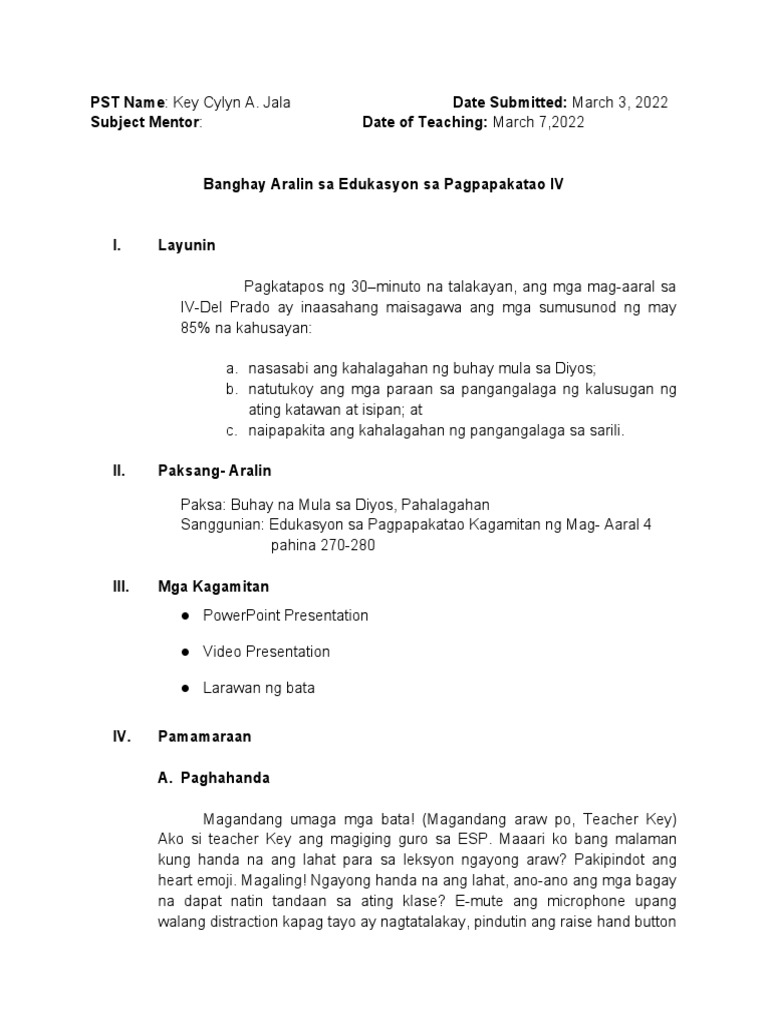 Edited Lesson Plan in ESP 4-Del Prado (Key Cylyn Jala) | PDF