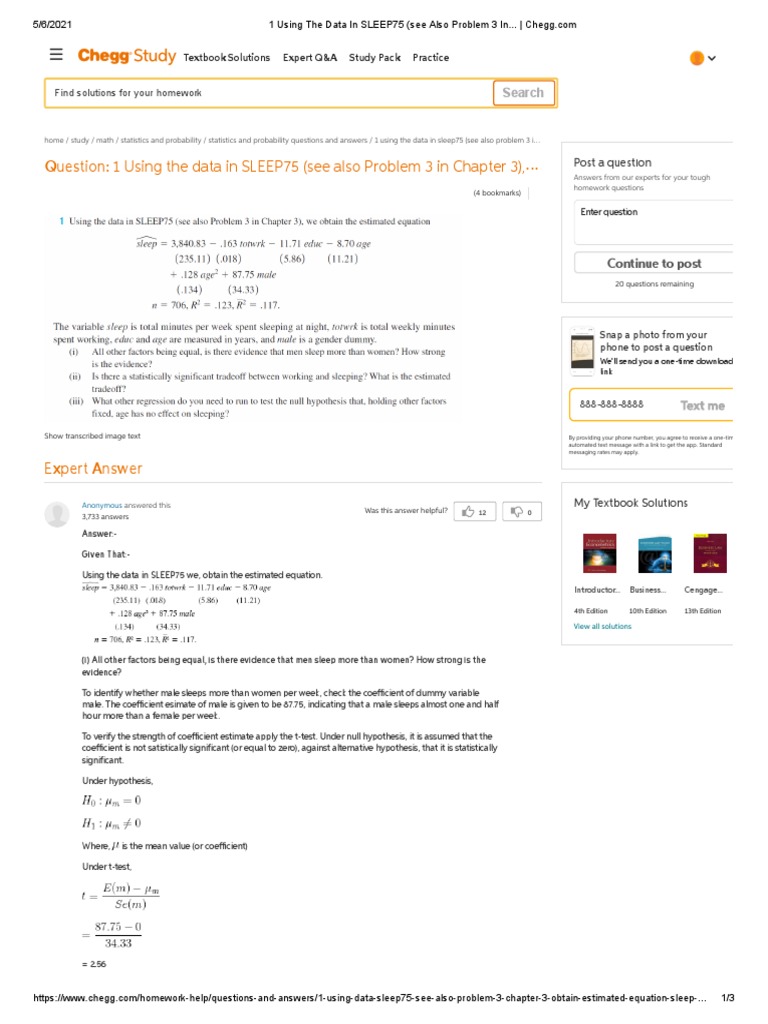 Question: 1 Using The Data in SLEEP75 (See Also Problem 3 in Chapter 3) | PDF