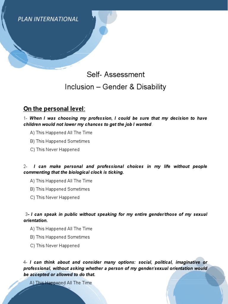 Inclusion Self Assessment - Plan International | PDF | Gender | Gender ...