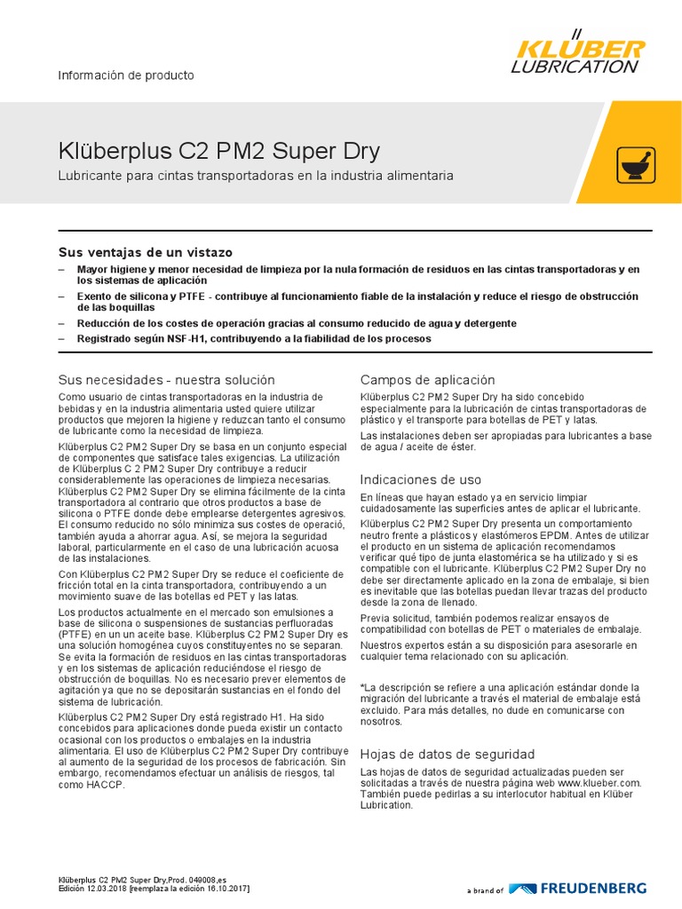 Klberplus C2 PM2 Super Dry 049008 PI ES Es | PDF | Lubricante | Consumo ...