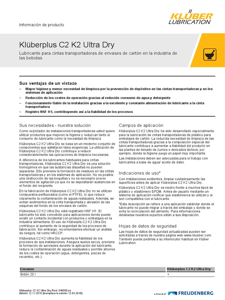 Klberplus C2 K2 Ultra Dry 049006 PI ES Es | PDF | Lubricante | Agua