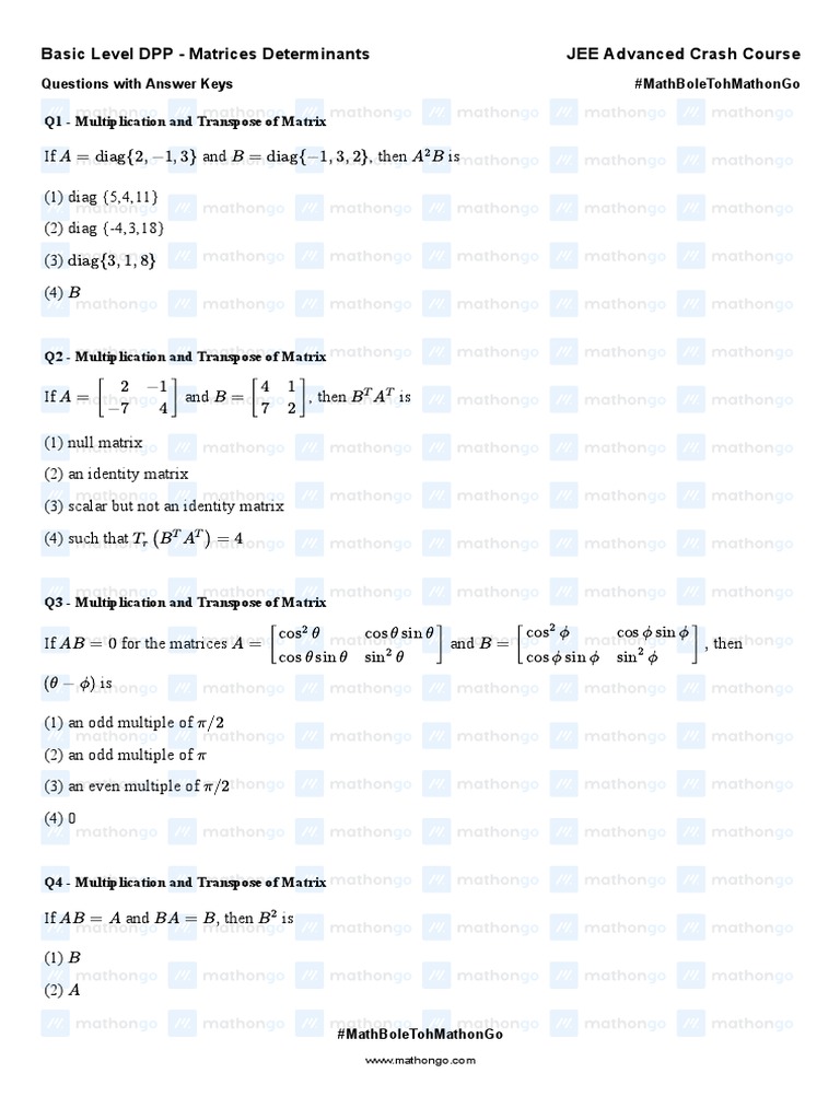 Basic Level DPP Matrices Determinants Question Mathongo | PDF