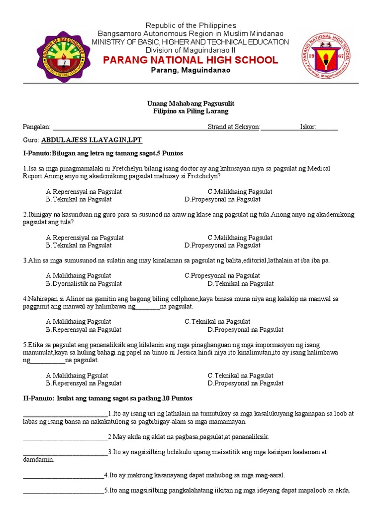 Filipino Sa Piling Larang Exam Midterm Exam 2022-2023 | PDF