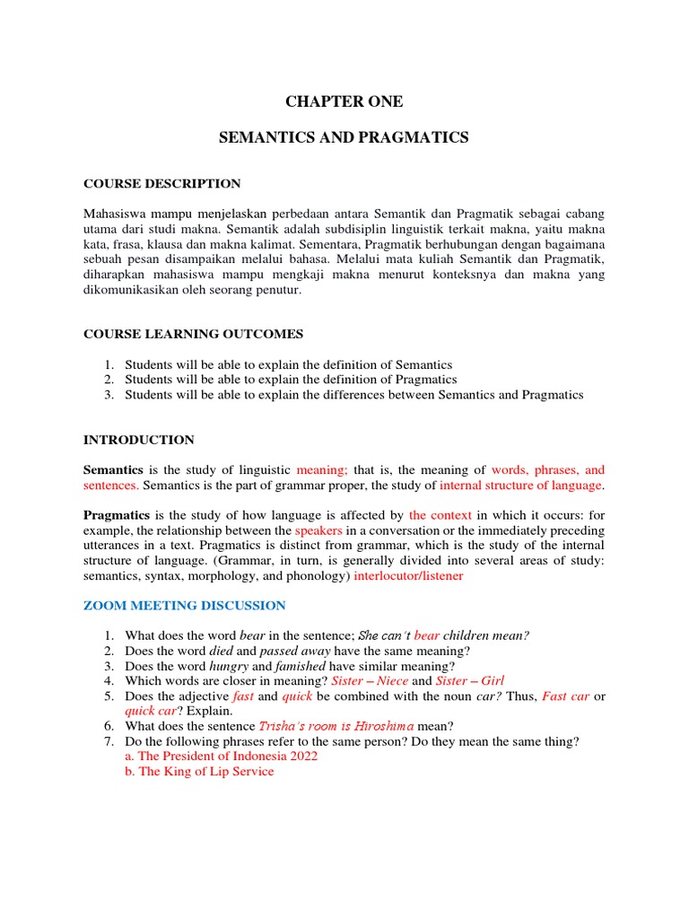 Chapter 1 Pragmatics and Semantics & Chapter 2 Types of Meaning ...