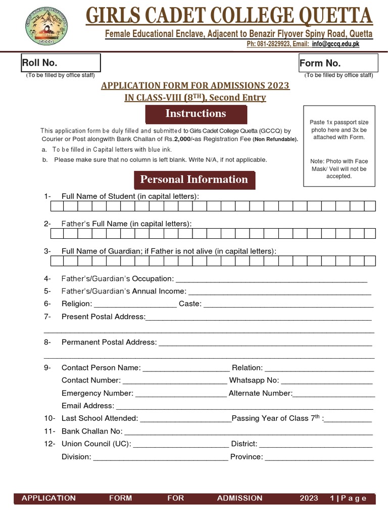 Admission Form Girls Cadet College | PDF | Government