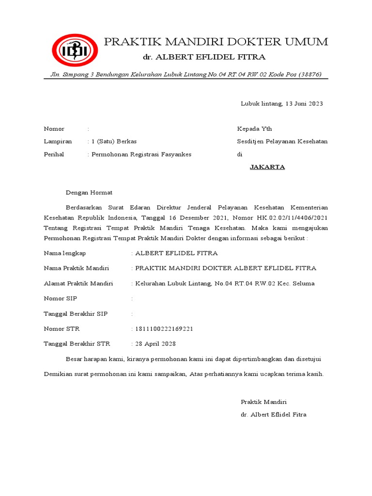 Surat Permohonan Registrasi Fasyankes | PDF