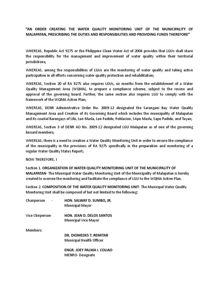 An Order Creating The Water Quality Monitoring Unit of The Municipality ...