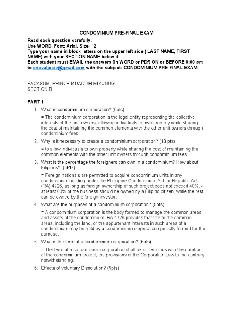 CONDOMINIUM PRE FINAL EXAM PDF Condominium Land Law