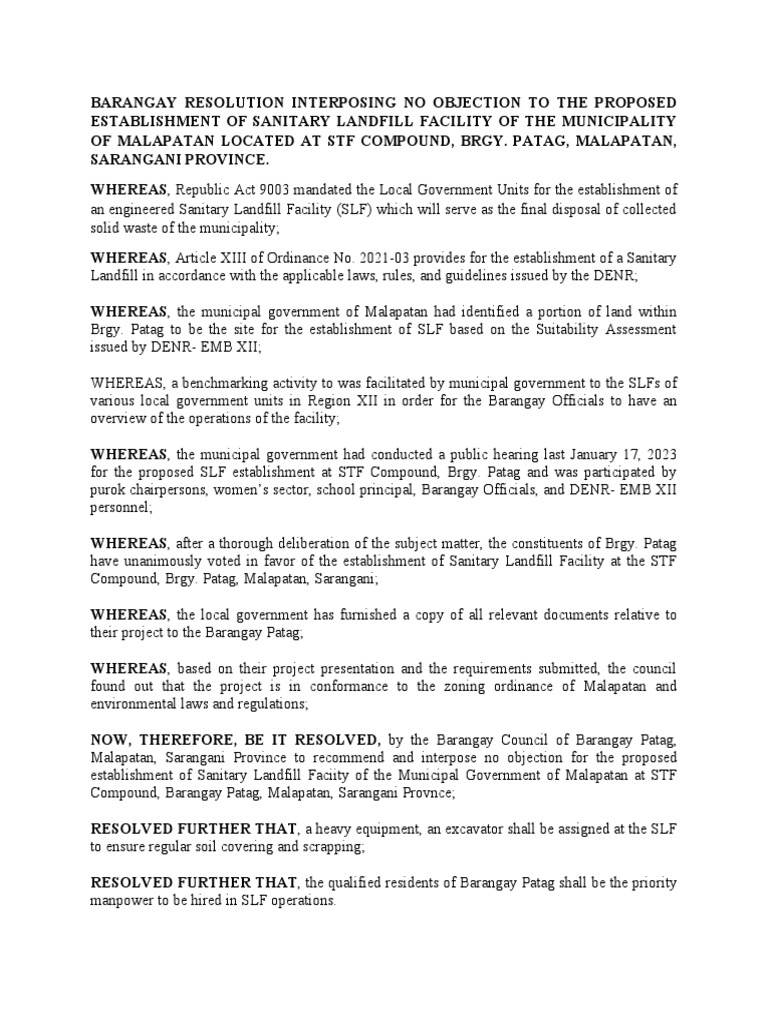 Barangay Resolution Interposing No Objection To The Proposed ...