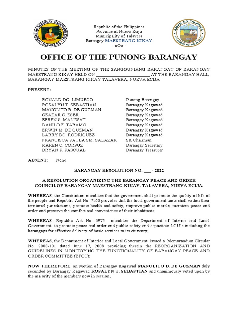 Barangay Peace and Order Council Resolution 2022 | PDF | Justice ...