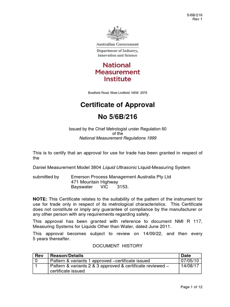 Certificate of Approval No 5/6B/216: Issued by The Chief Metrologist ...