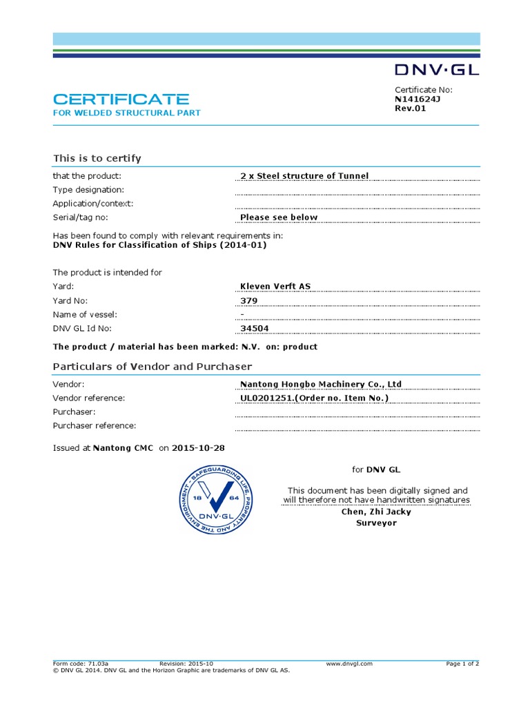 153P Tunnels - 21 - 22 - DNV Certificate Tunnel Thruster Steel Structure | PDF