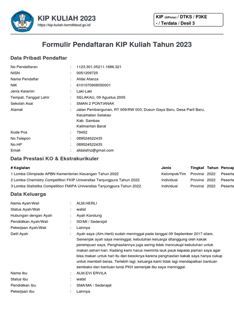 Formulir KIP Kuliah | PDF