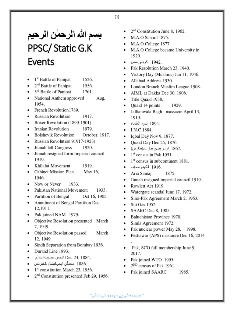 PPSC Static GK Events-1 | PDF