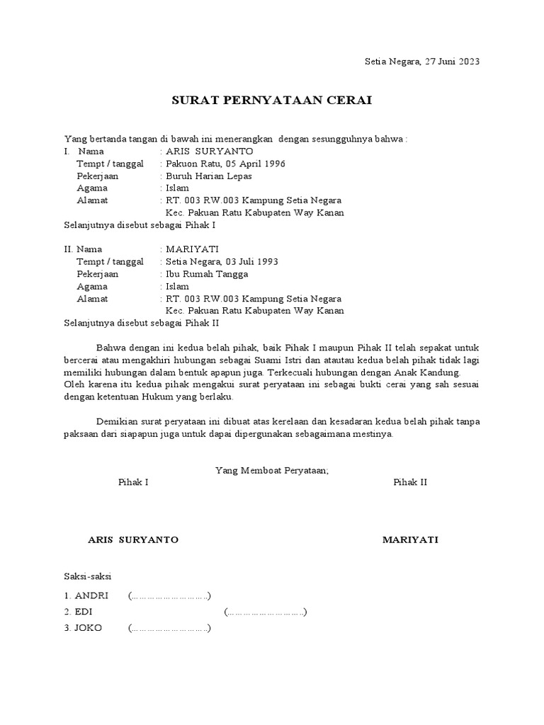 Surat Pernyataan Cerai | PDF