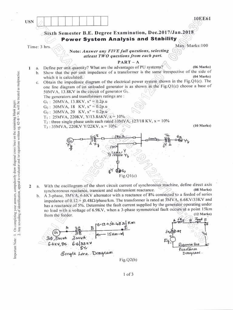 VTU Question Paper of 10EE61 Power System Analysis & Stability Dec-2017 ...