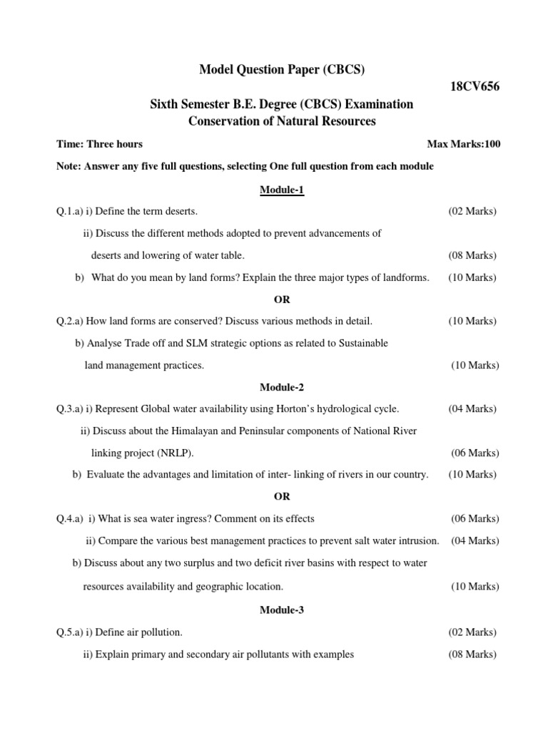 Model Question Paper - 18CV656 - Conservation of Natural Resources | PDF