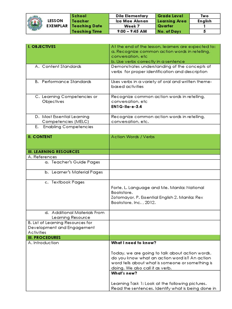 ENGLISH Lesson Exemplar WEEK7 | PDF | Cooking | Learning