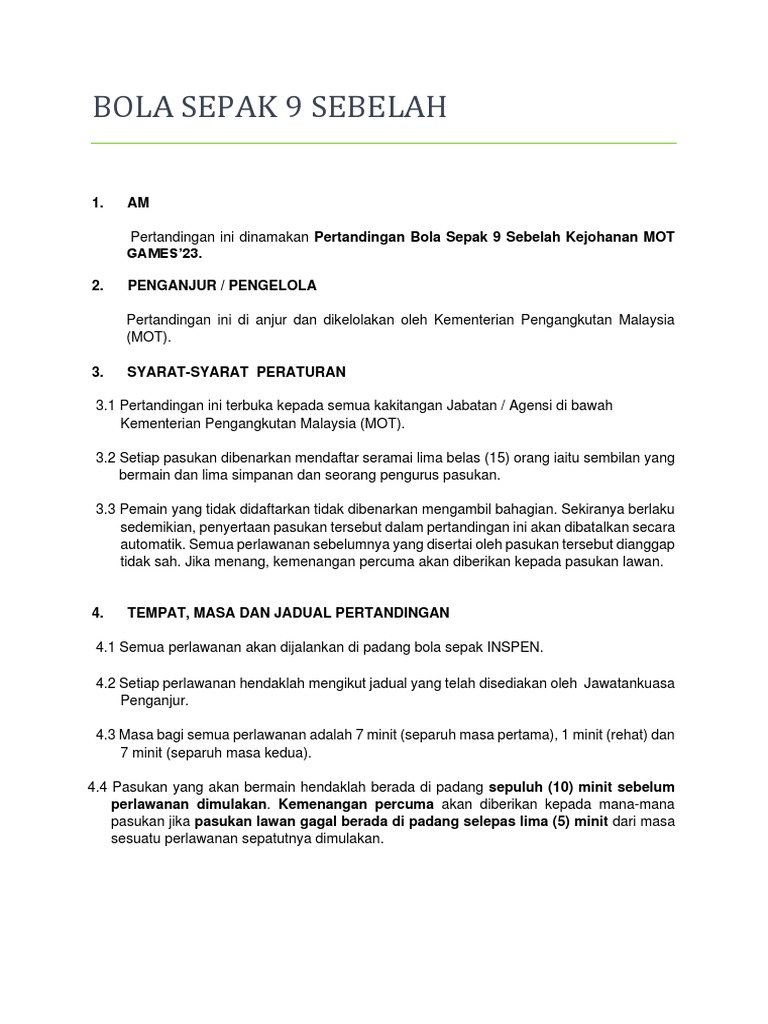 Format Dan Syarat-syarat Pertandingan Bola Sepak 9s Mot Games '23 | PDF