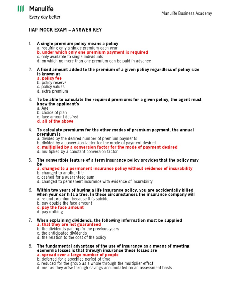 IIAP Mock Exam Reviewer Answer Key - Life | PDF | Insurance | Life ...
