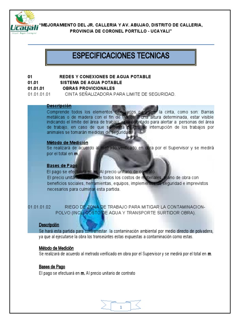 01especificaciones Tecnicas Agua Potab-Calleria | PDF | Topografía | Agua