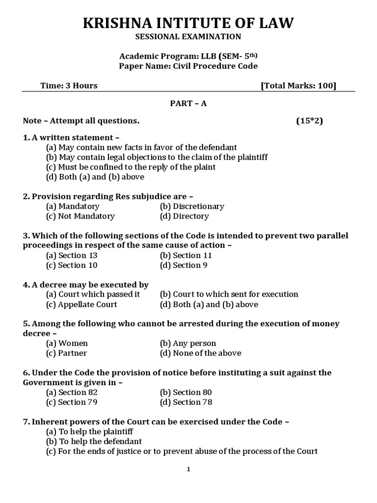 L-5th Sem CPC Sessional Test | PDF | Lawsuit | Justice