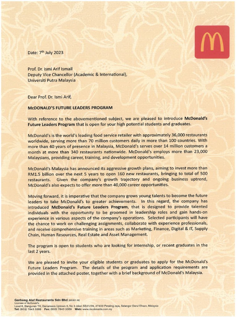 McDonald's Future Leaders Program - Letter To UPM | PDF