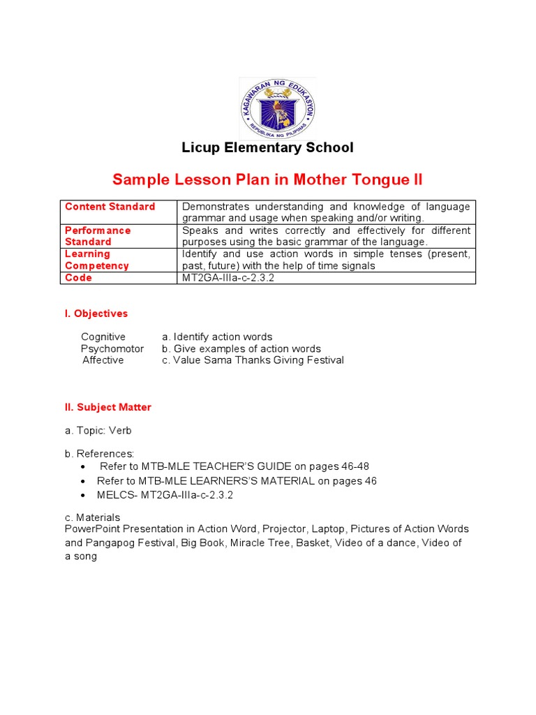 Lesson Plan: Action Words in Mother Tongue | PDF | Language Arts ...